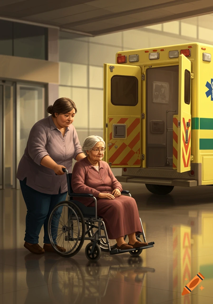 A stylized papercraft ambulance in yellow and red, with 'SVA AMBULANCIA ...