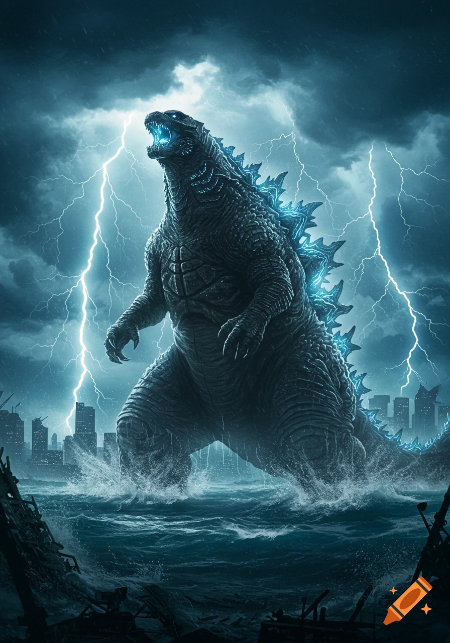 Three large green Godzilla-like monsters with glowing eyes stand amidst ...