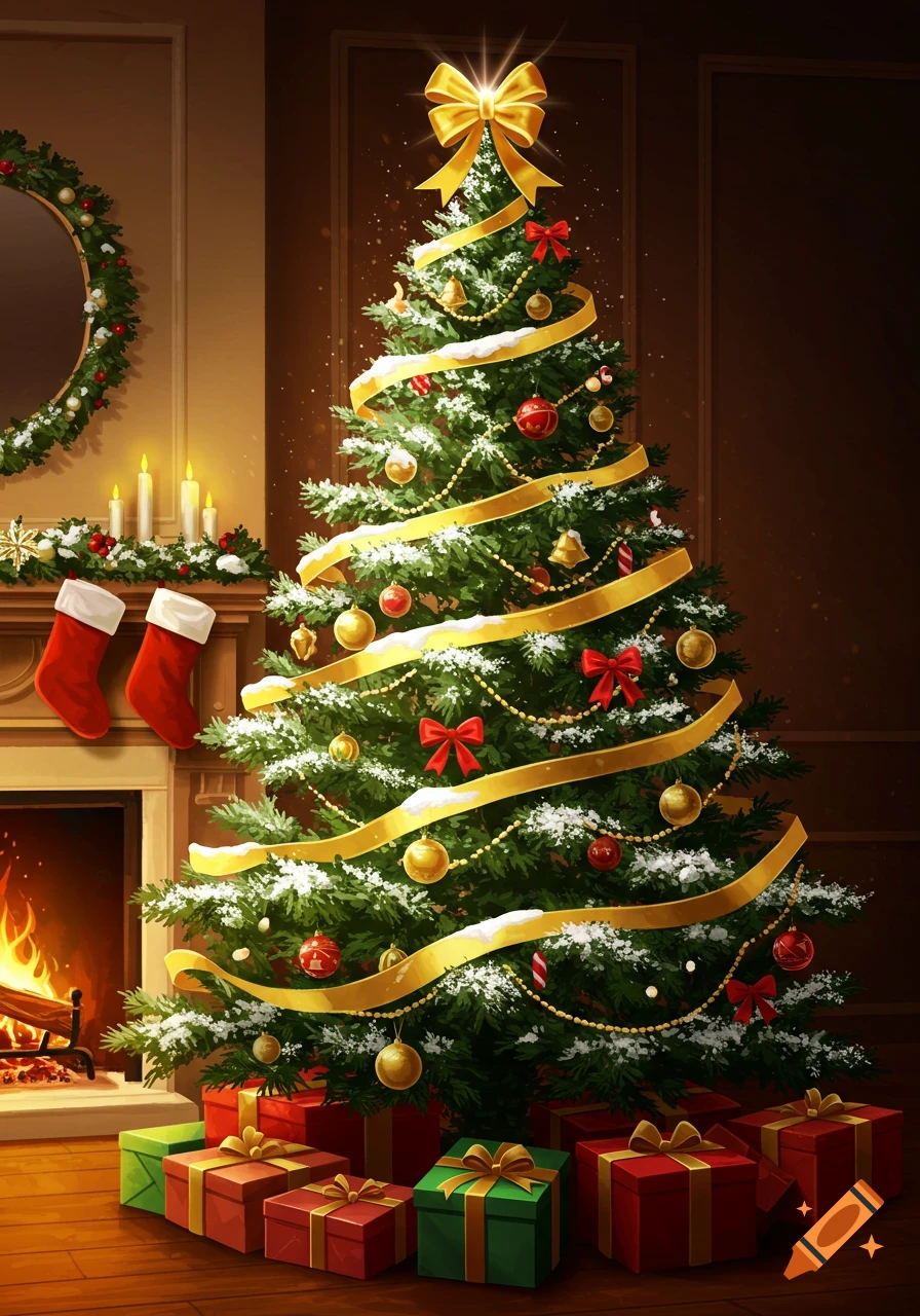 A luxurious golden Christmas gift box adorned with a deep red bow and ...