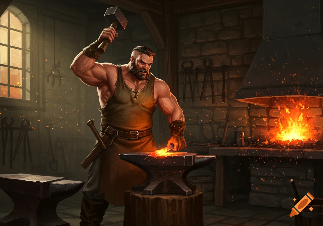 Muscular medieval blacksmith hammering a hot sword on an anvil in a ...