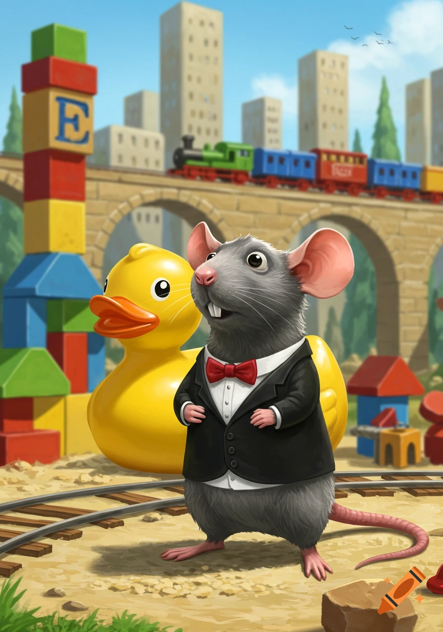 A cartoon rat in a tuxedo stands beside a rubber duck on a sandy ground ...