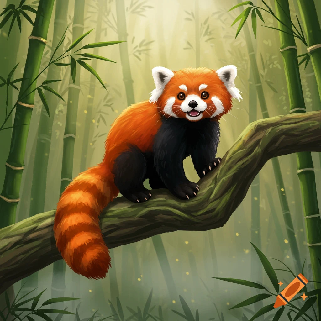 Four red pandas with reddish-brown and black fur sit on tree branches ...