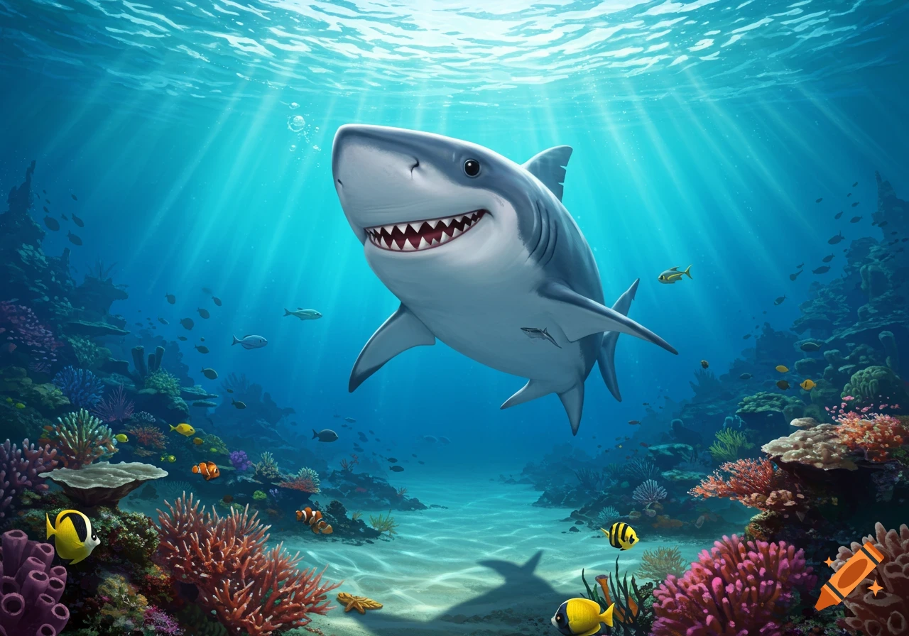 A friendly cartoon shark swims in a vibrant blue ocean, surrounded by ...