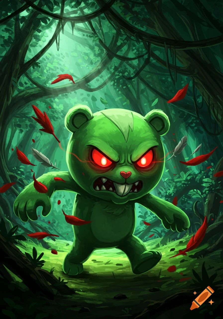 A monstrous pink bunny with glowing red eyes, fangs, and flaming ears ...