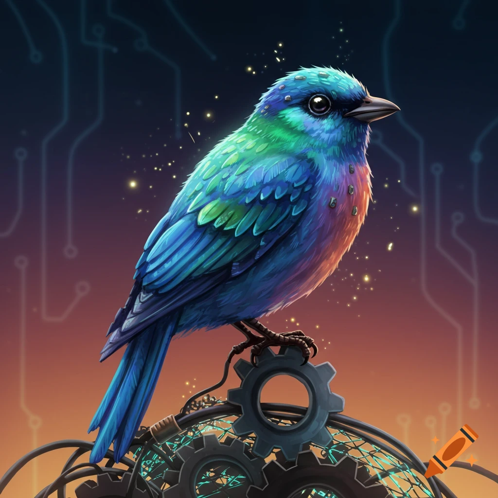 A pixel art Duolingo owl in a vibrant neon digital cityscape with ...