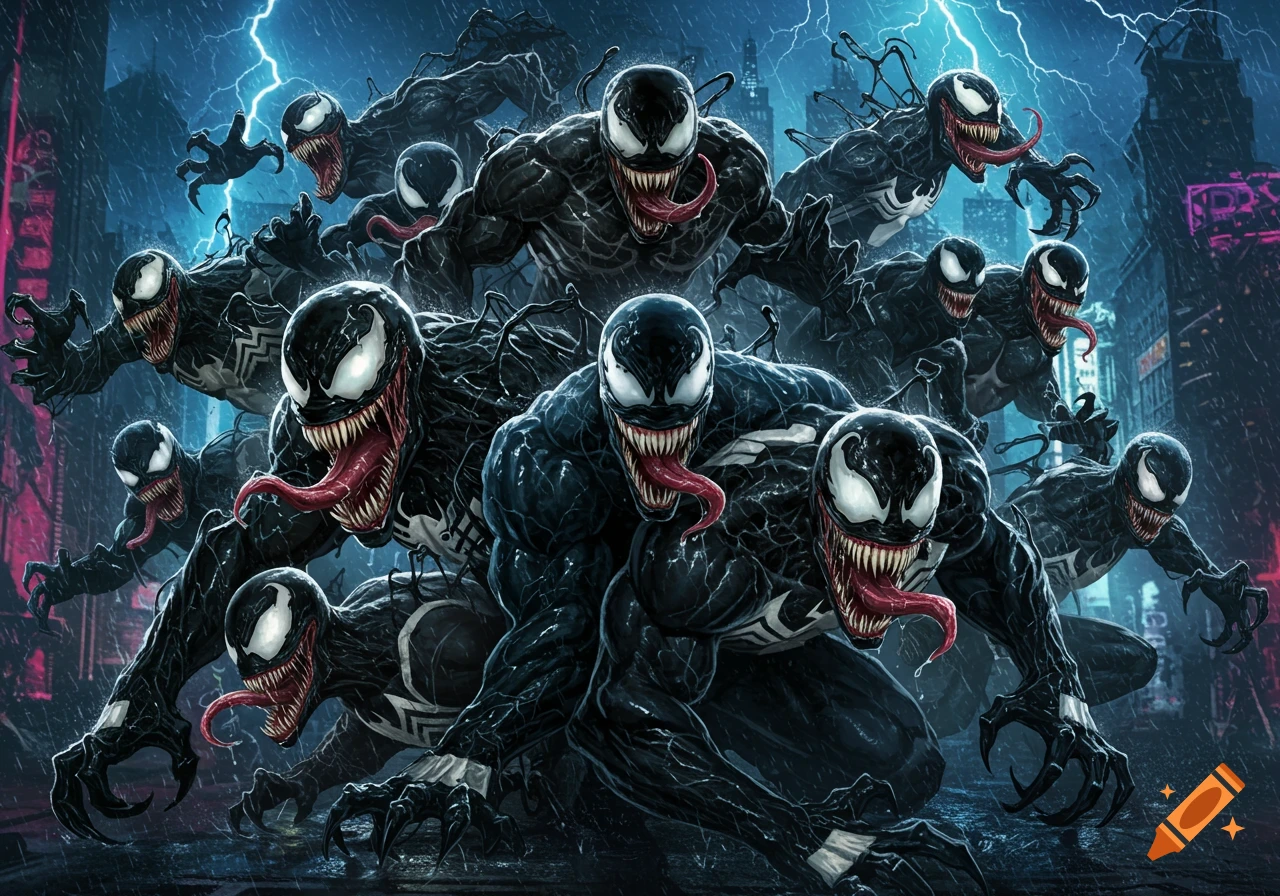 Multiple Venom symbiotes with sharp teeth and long tongues lunge in a ...