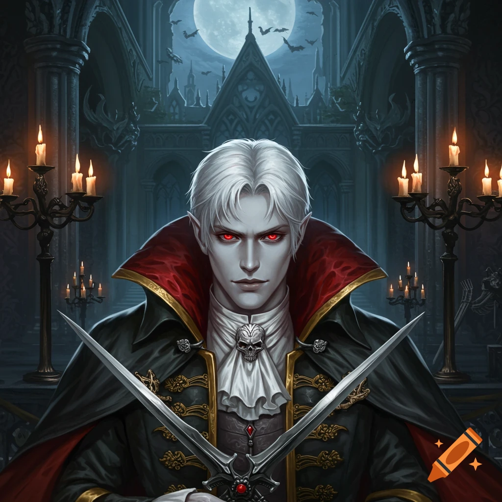 A handsome male vampire with pale skin, red eyes, and dark hair in a ...