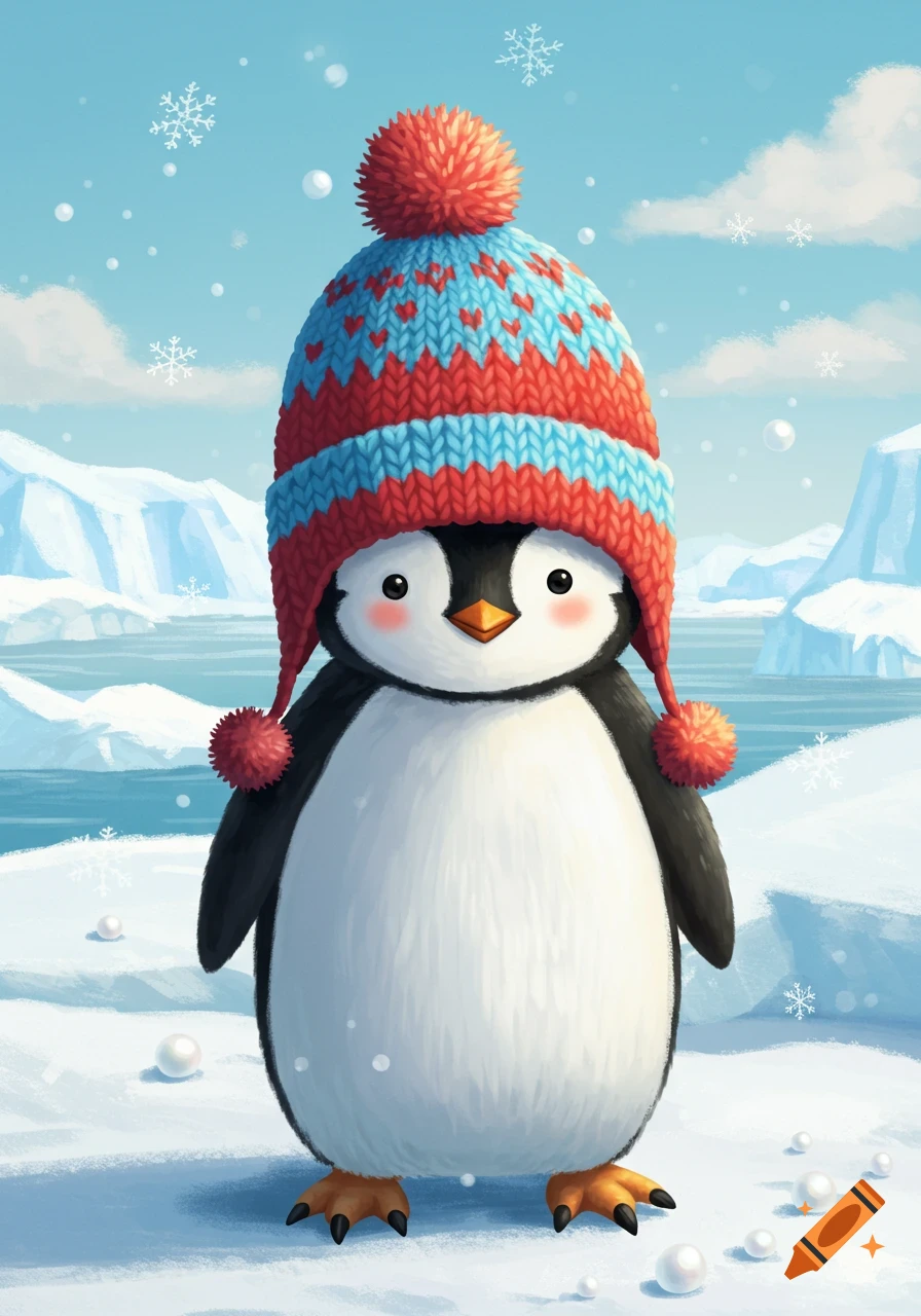 Cute black and white cartoon penguin wearing a beanie hat and a jogging ...