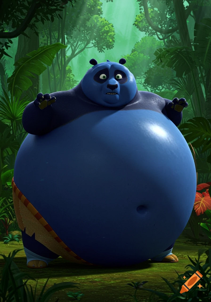 A giant, dark blue, inflated Po from Kung Fu Panda stands nervously in ...