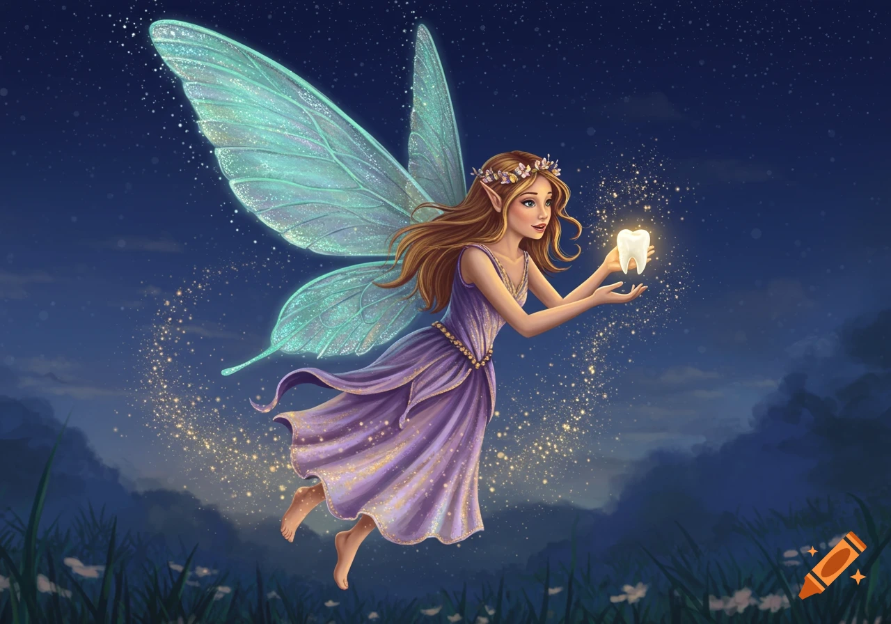 A smiling tooth fairy with long brown hair and blue wings floats in a ...