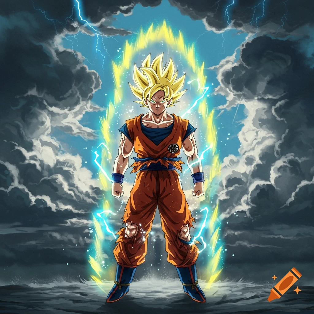 Goku in Super Saiyan form, surrounded by yellow energy and lightning ...