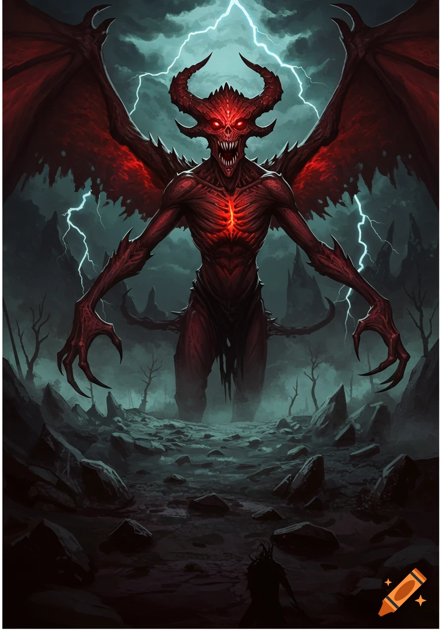 A red-skinned demon with horns and large wings stands in a stone ...