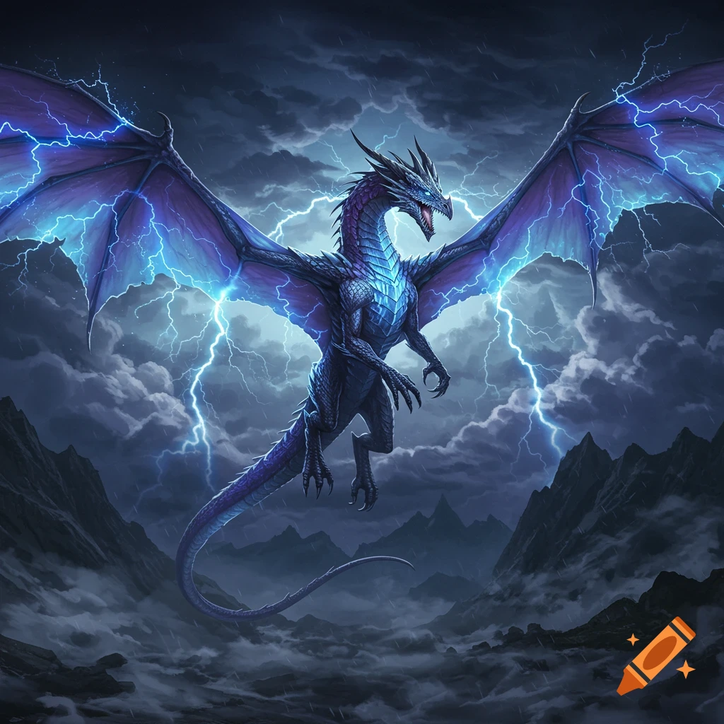 A majestic blue and green dragon with glowing eyes and wings soars in a ...