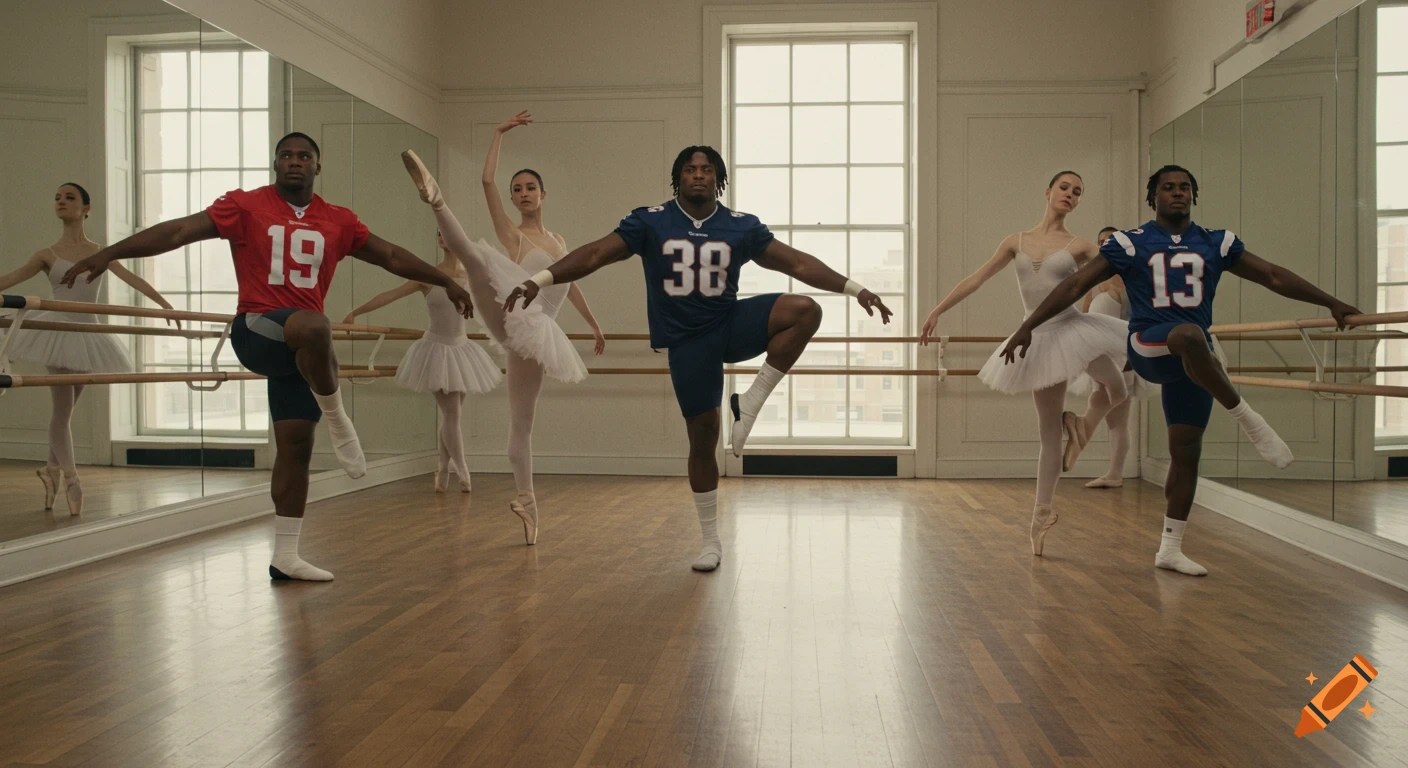 Photorealistic image of three football players in jerseys doing ballet ...