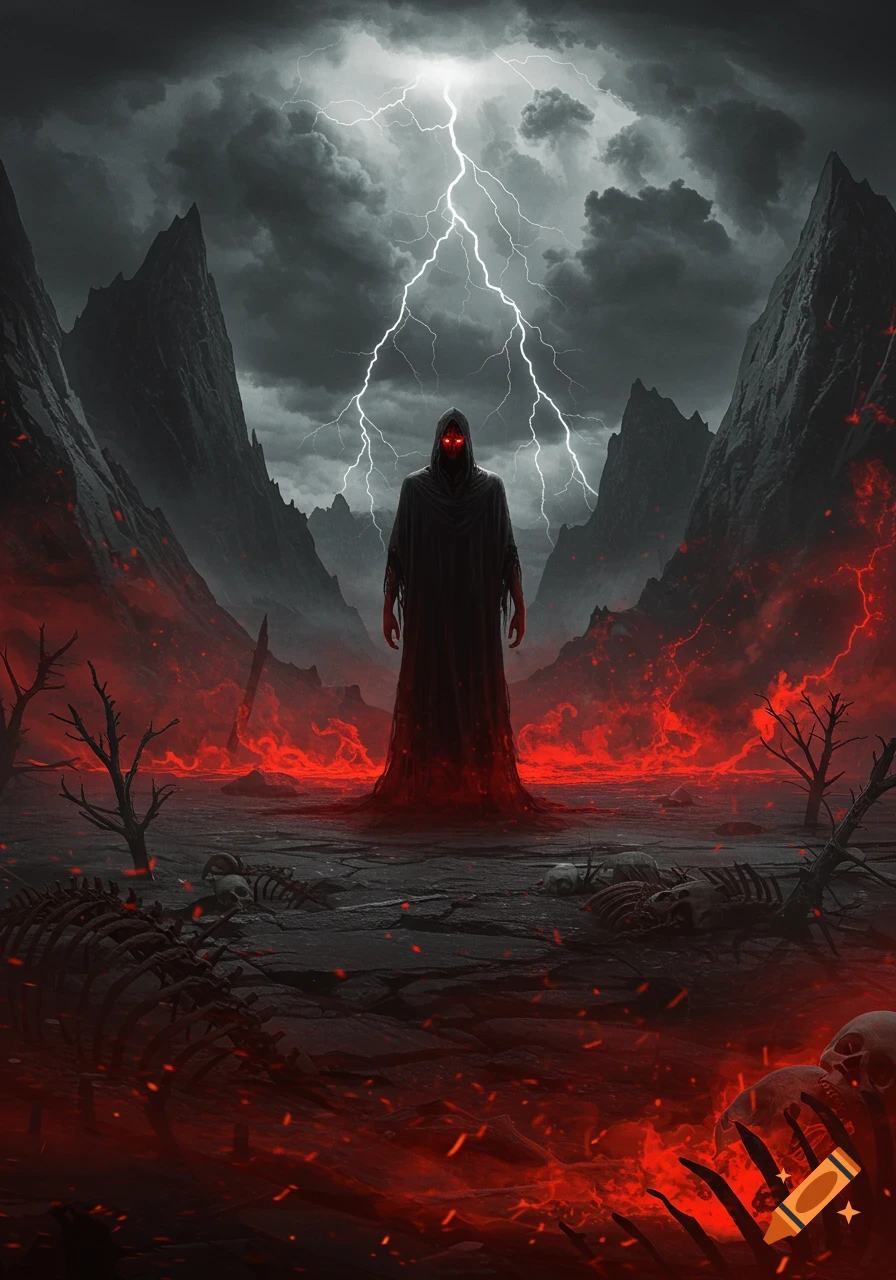 A demonic figure with large horns and glowing red eyes holds a stylized ...