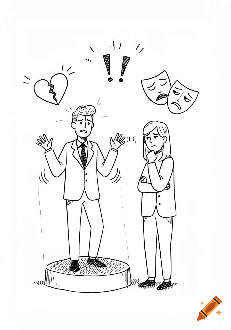 Two stick figures, one sad under a rain cloud, one comforting, in a ...