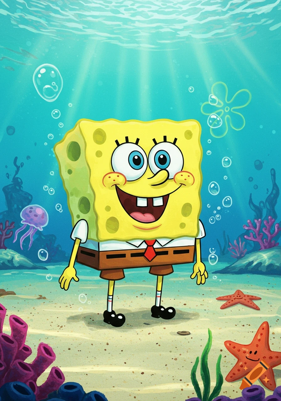 Spongebob Squarepants and Sandy Cheeks smile underwater, with a ...