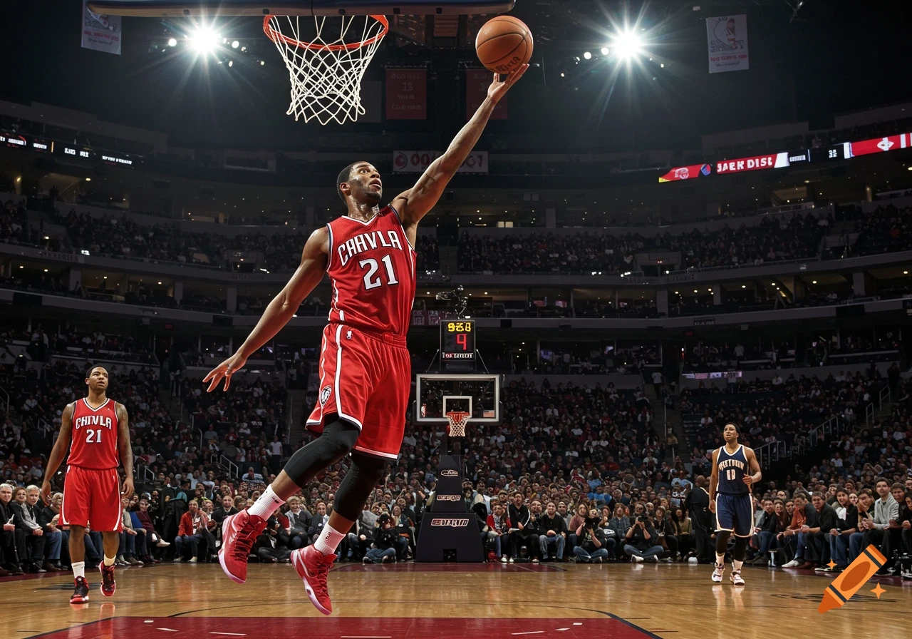 Michael Jordan in a red Bulls jersey dunks a basketball in a brightly ...