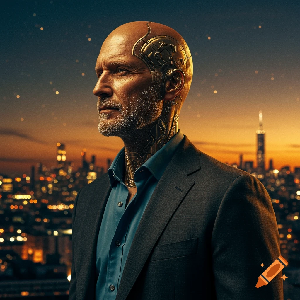 Photorealistic portrait of a bald, bearded man with golden cybernetic ...