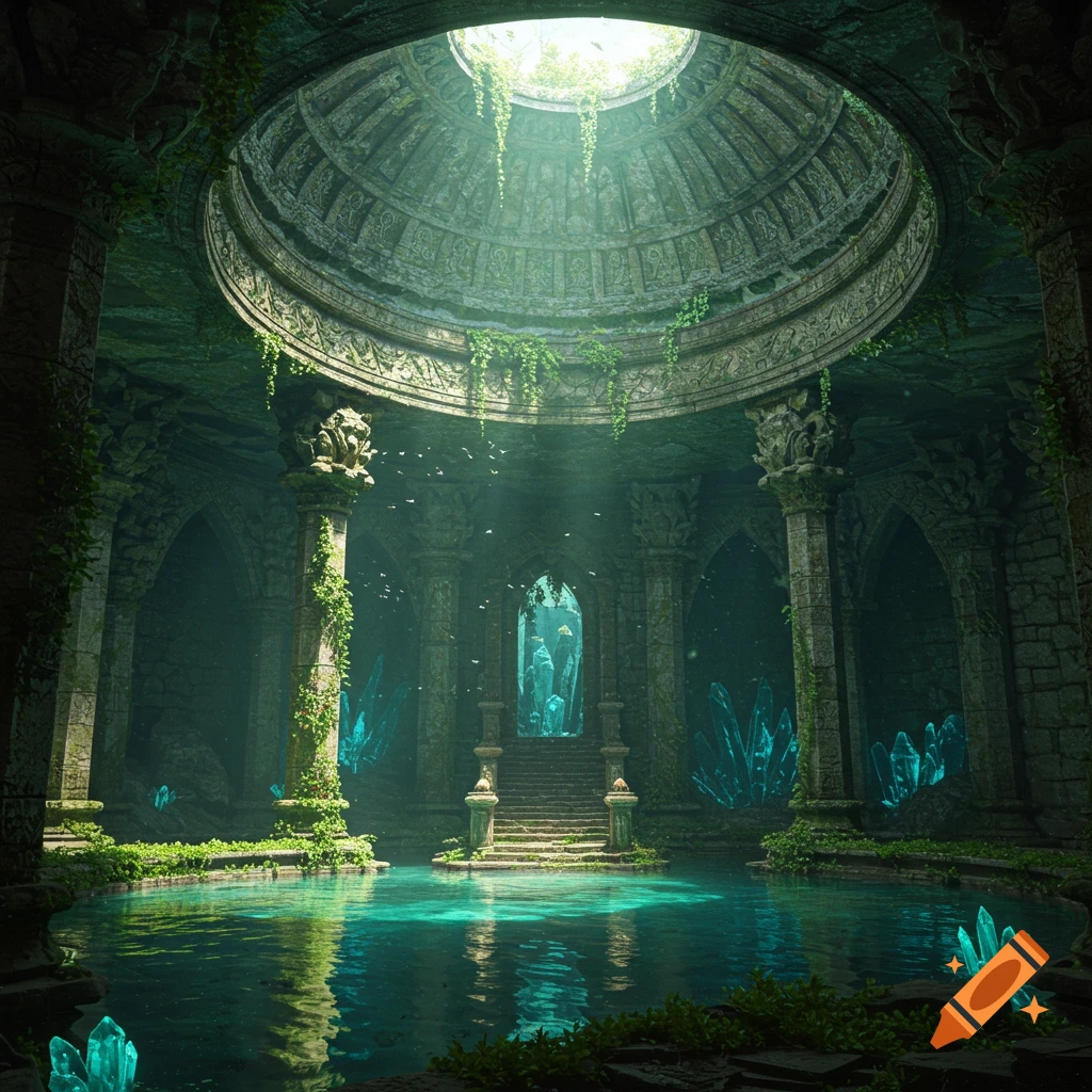 A vibrant, detailed illustration of an ancient underwater city ...