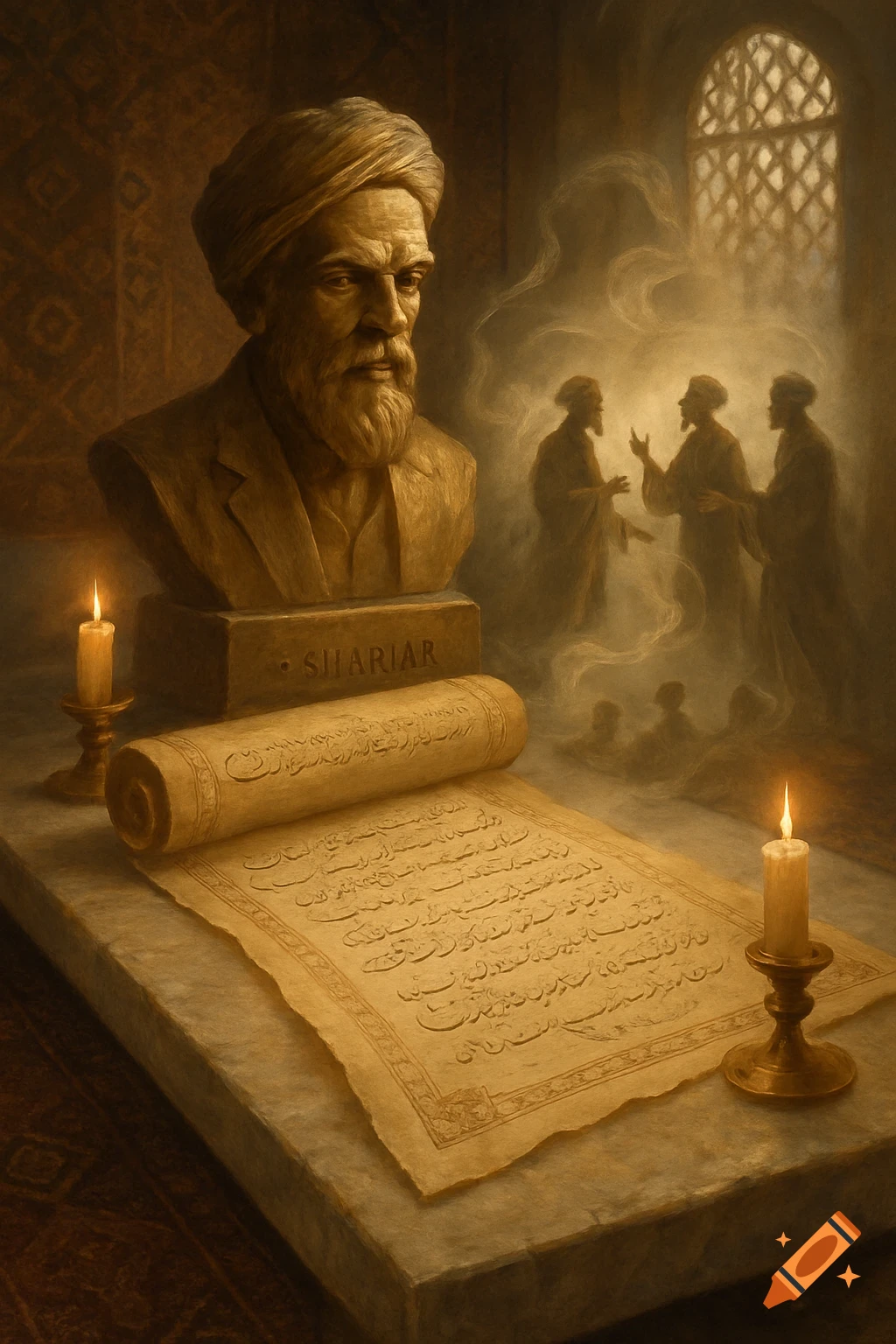 Hyper-realistic portrait of Rumi in traditional Sufi attire on Craiyon