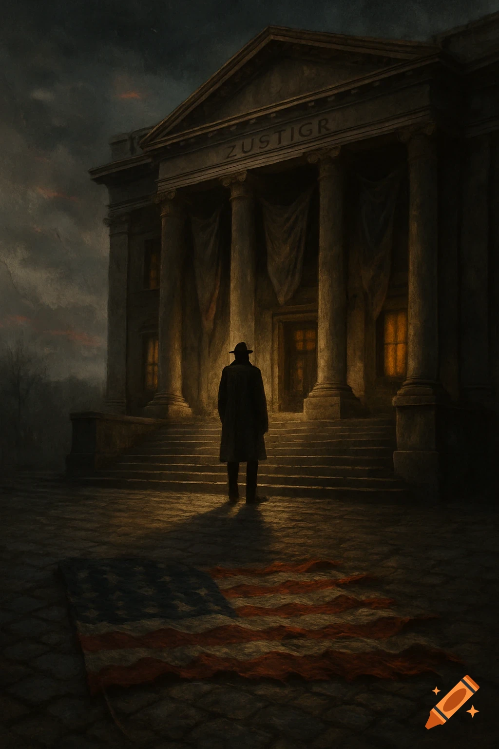 A yellow, rectangular prism figure kneels in despair on cracked earth ...