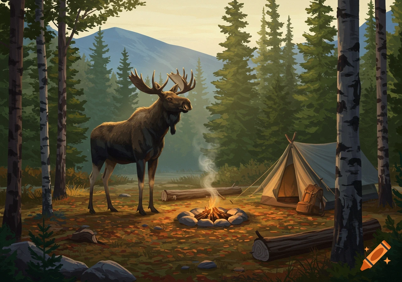 A cartoon Canadian mountie beaver riding a moose through a forest ...