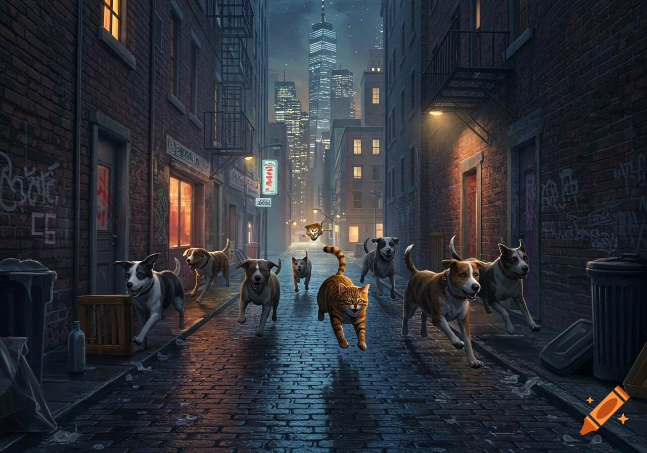 A gang of dogs chasing a tabby cat down a dark, wet New York alleyway ...