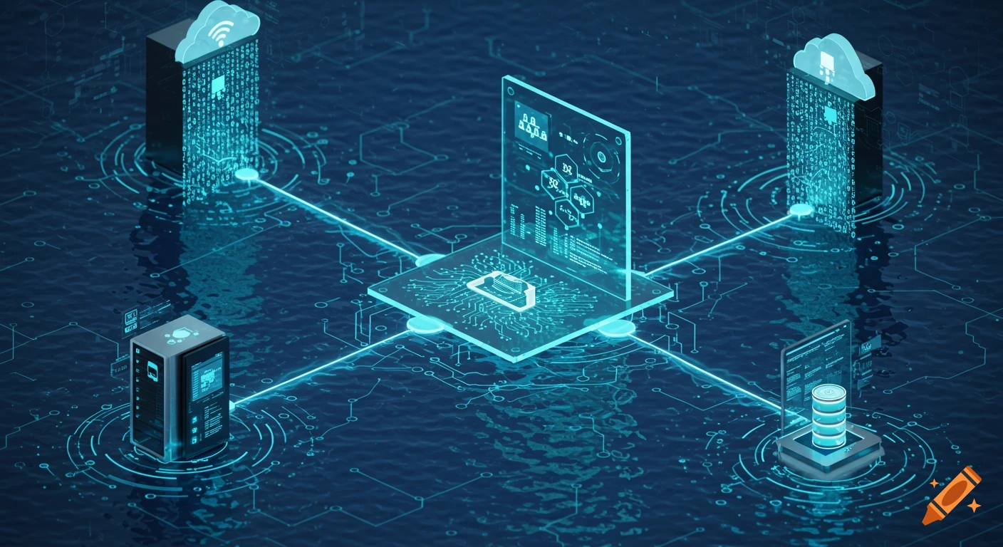 Stylized road with binary code, orange 'DETOUR' sign, and abstract tech ...