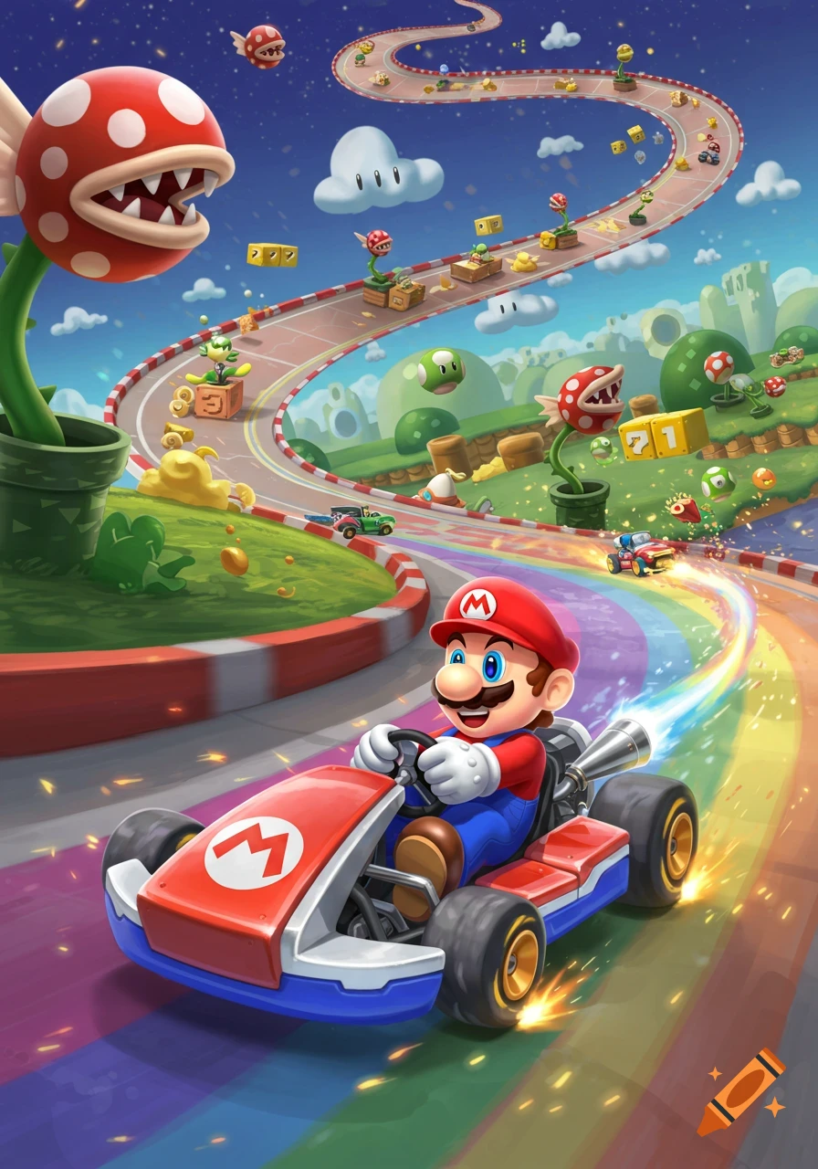 Mario races his kart on a vibrant Rainbow Road track, with other karts ...
