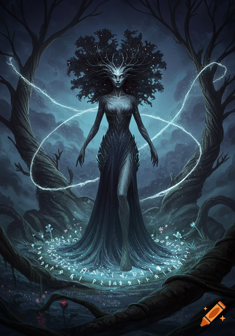 A powerful witch in a dark forest casts colorful magic from her hands ...