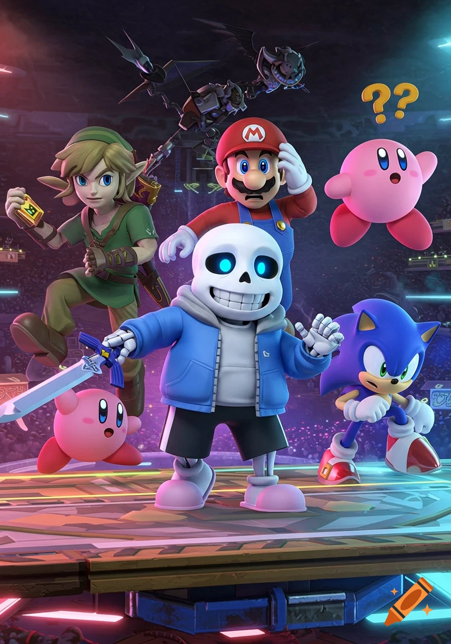 Mario, Sonic, Pac-Man, Mega Man, Pikachu, Link, and Kirby pose together ...