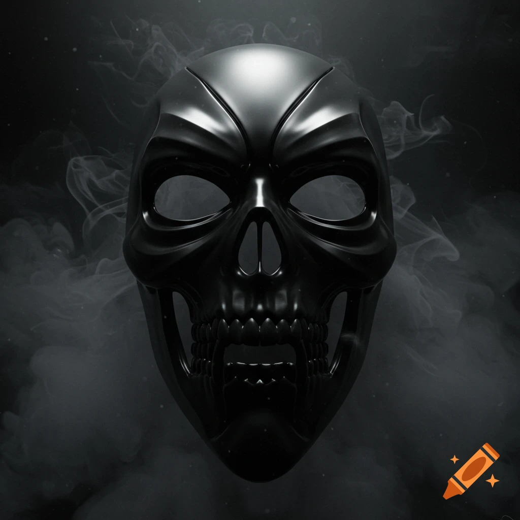 An eerie pale face with empty eye sockets and a wide screaming mouth ...