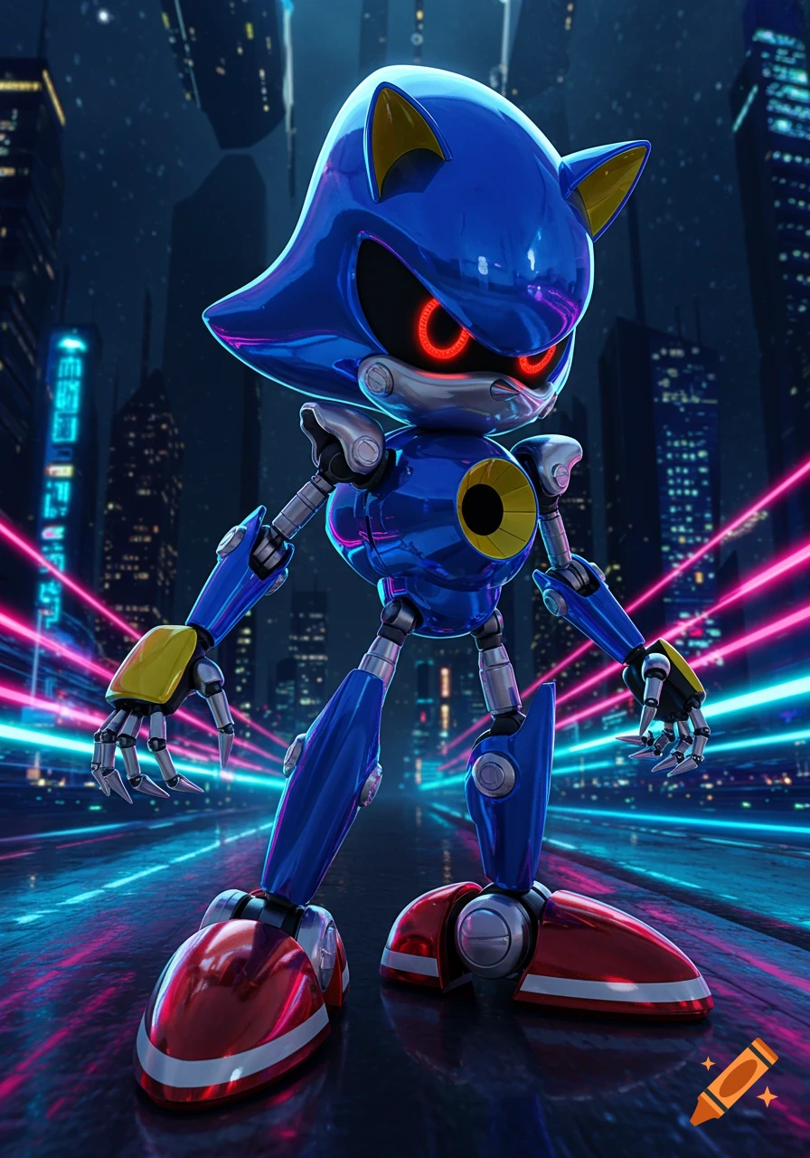 Two blue and silver Metal Sonic robots with glowing red eyes stand on a ...