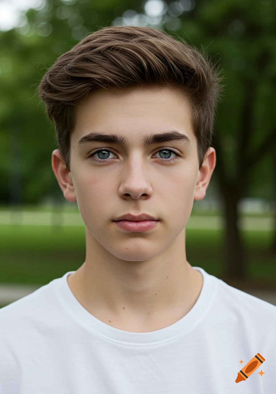 Photorealistic portrait of a young man with brown hair, blue eyes, and ...