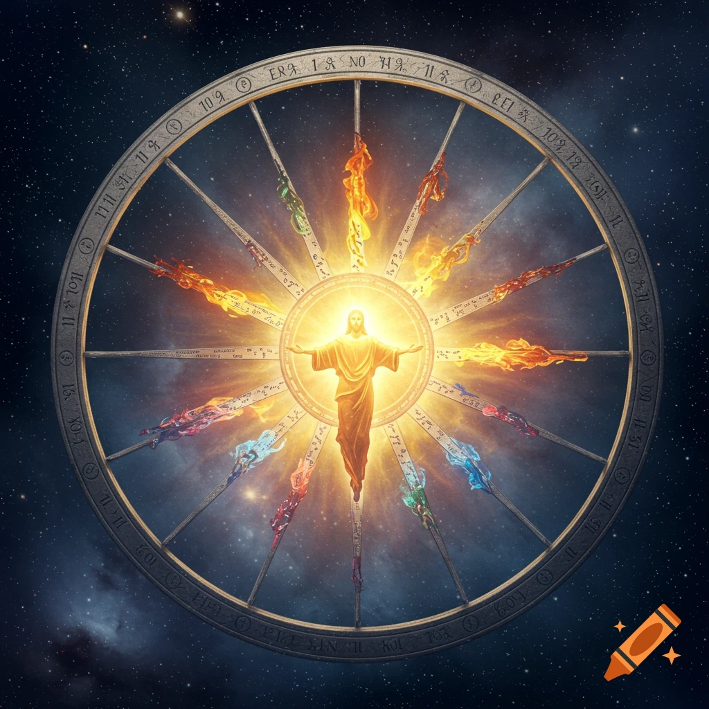 A detailed golden wheel covered in eyes, glowing brightly against a ...