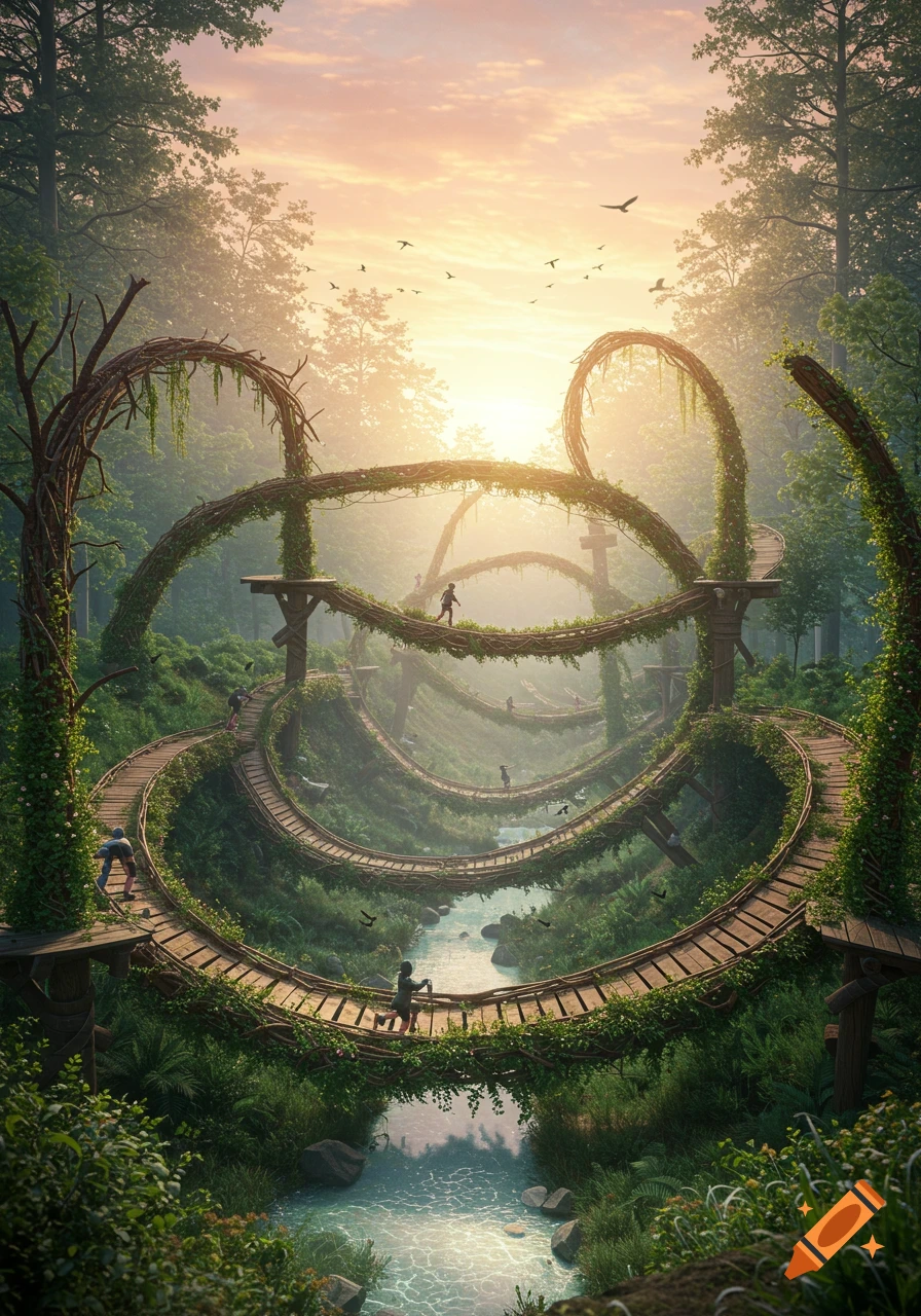 An imaginative illustration of a vibrant amusement park at sunset ...