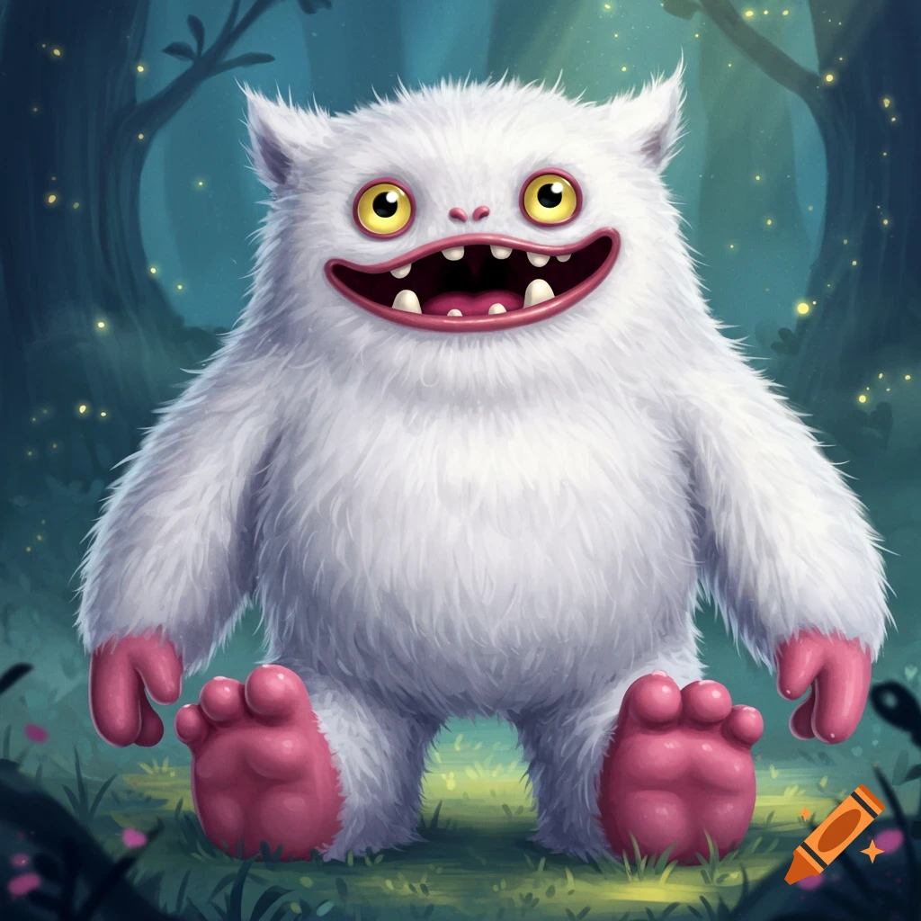 A friendly, fluffy white yeti with blue eyes and a wide smile stands in ...