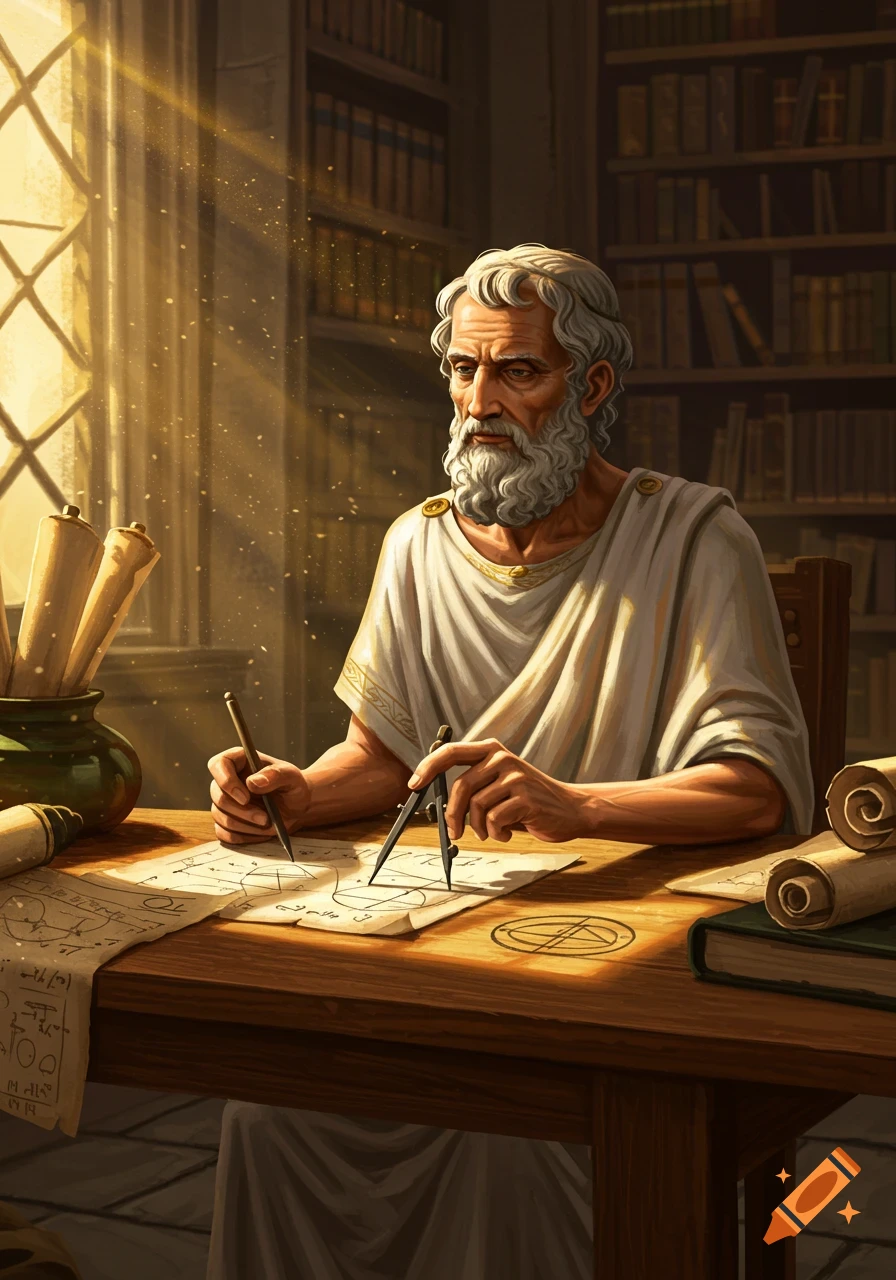 A distinguished man with a white beard sits at a wooden desk with an ...