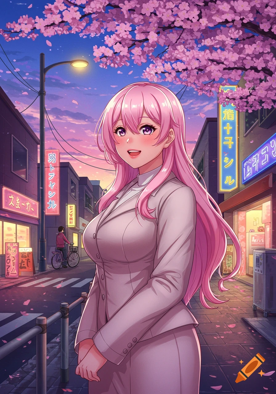 A cheerful pregnant anime woman with colorful hair stands in a vibrant ...