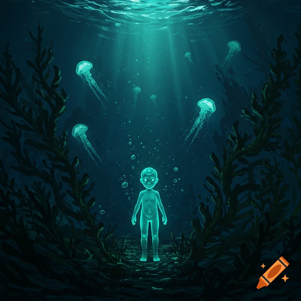 A glowing, childlike figure stands in a dark underwater abyss, surrounded by ethereal jellyfish ...
