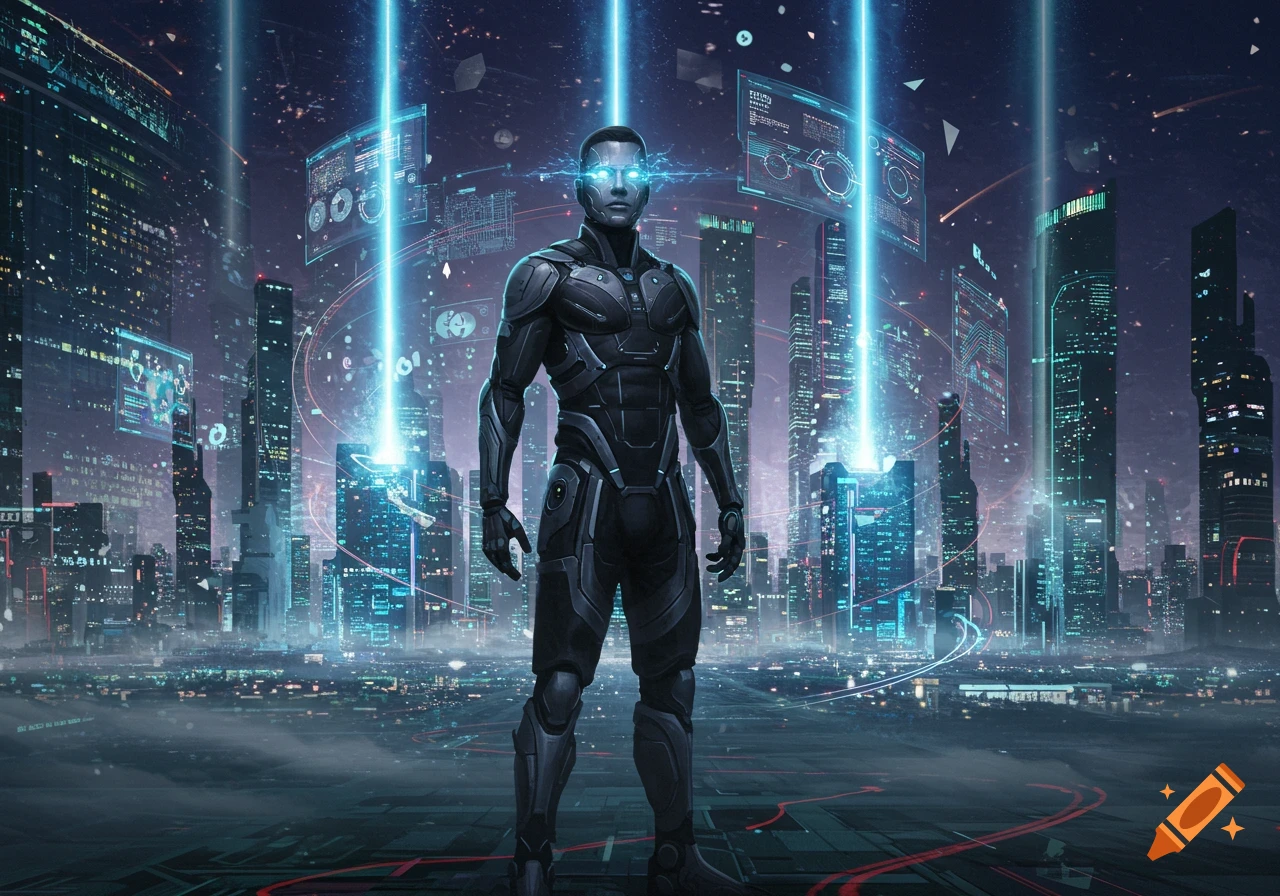 Glowing blue figure in a futuristic suit runs on a reflective grid ...