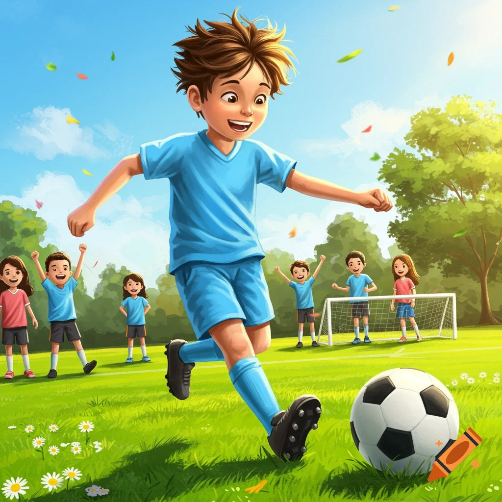 Two happy anime children, a boy and a girl, hold silver trophies ...