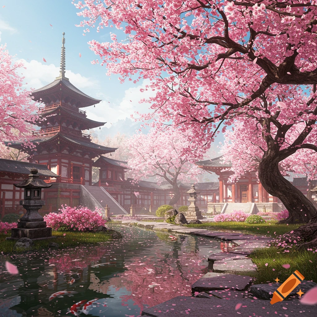 A Japanese pagoda at sunset surrounded by pink cherry blossoms, with ...