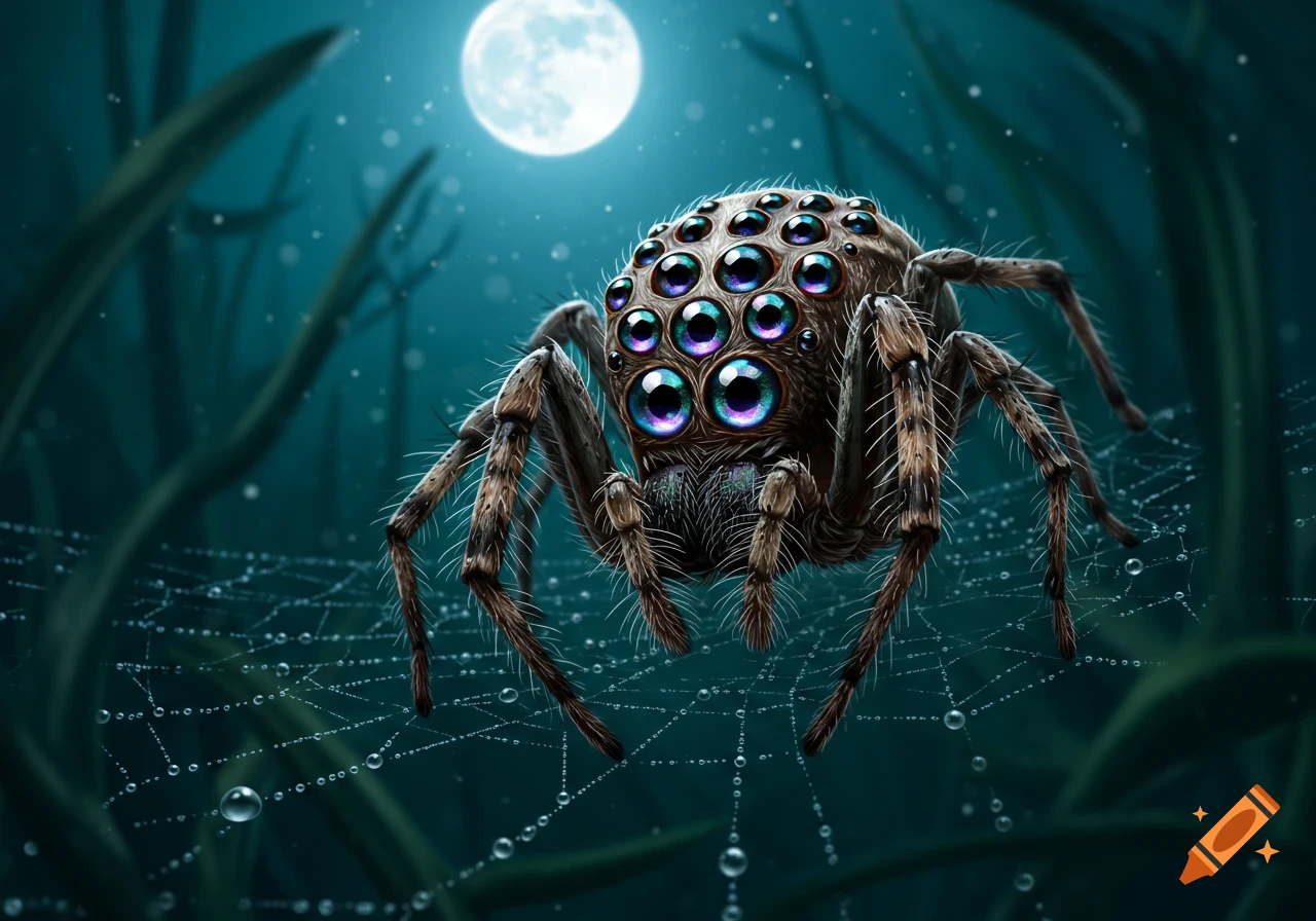 A cute, cartoon jumping spider sits on a wet window sill, gazing out at ...