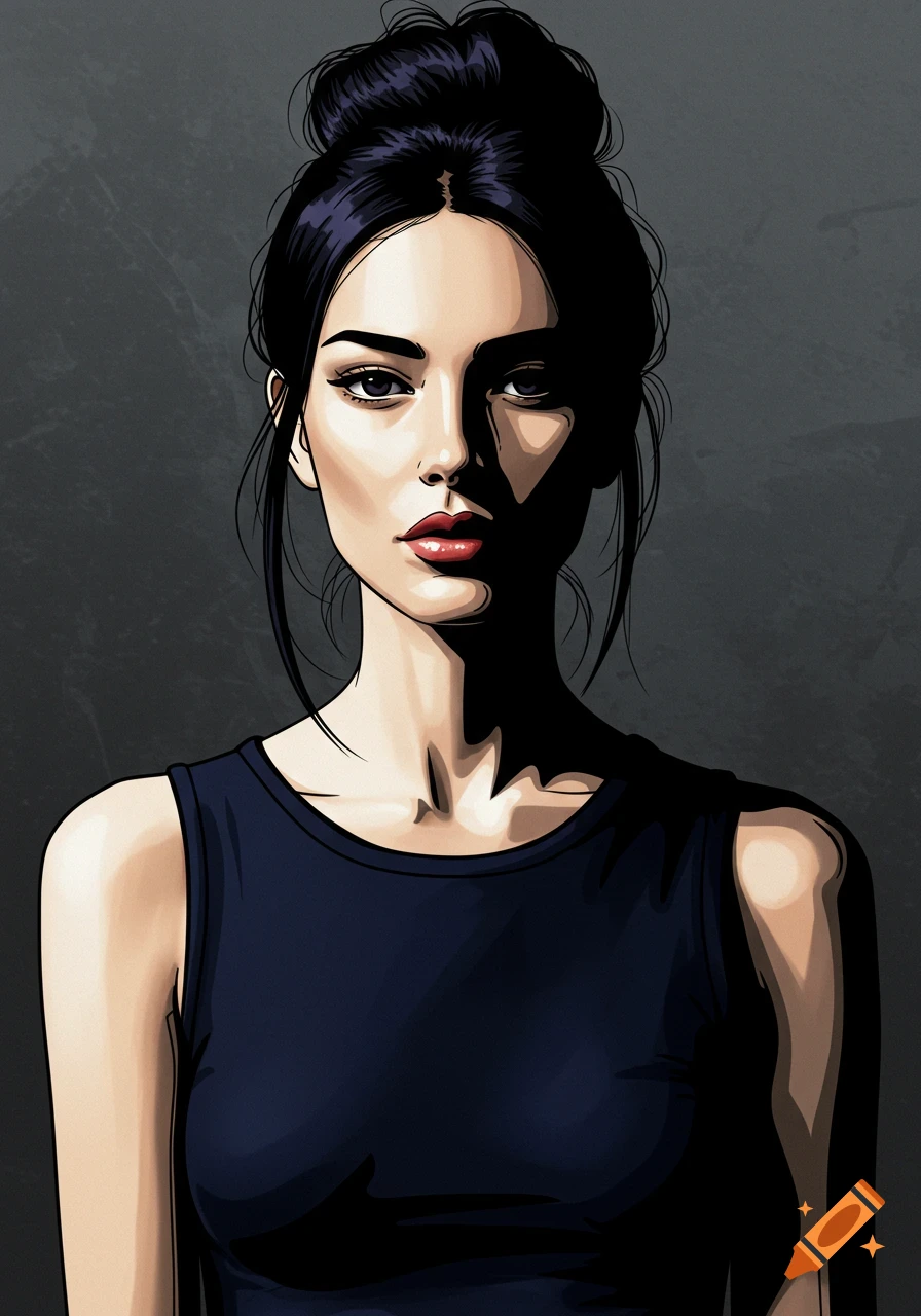 Graphic novel style portrait of a woman with dark hair in a bun ...