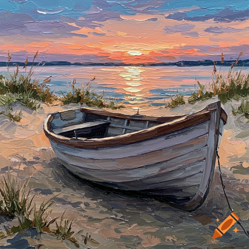 Oil painting of a broken rowboat on the beach on Craiyon