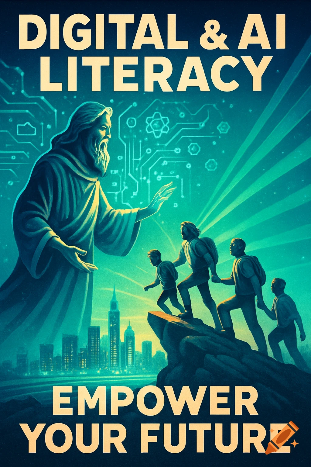 A retro-style poster showing four smiling young people, in an old ...