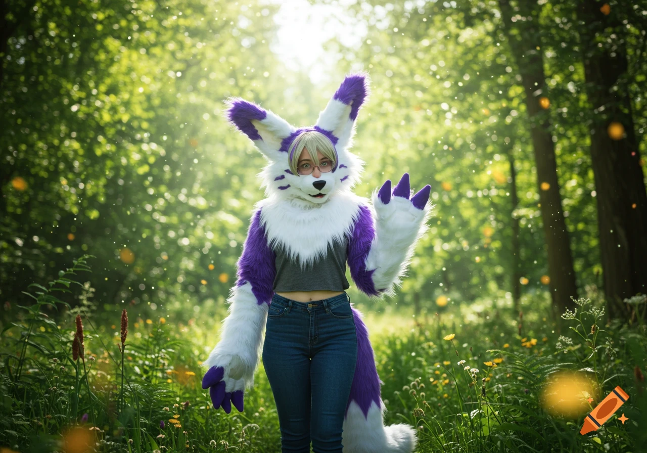 A person in a detailed grey wolf fursuit stands with an elegant posture ...