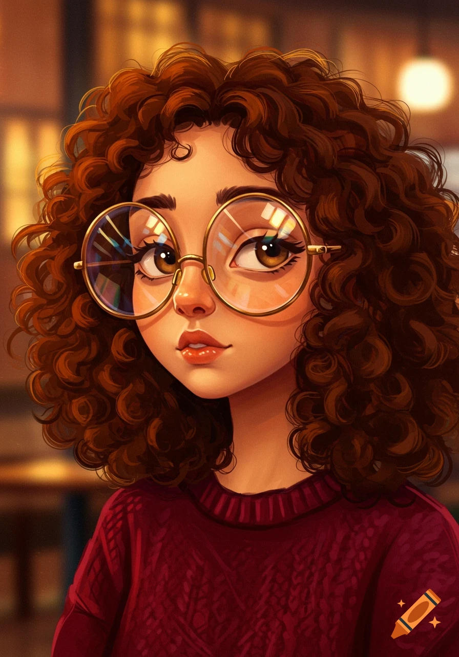 Digital art portrait of a young Black woman with red curly hair, freckles, and round glasses ...